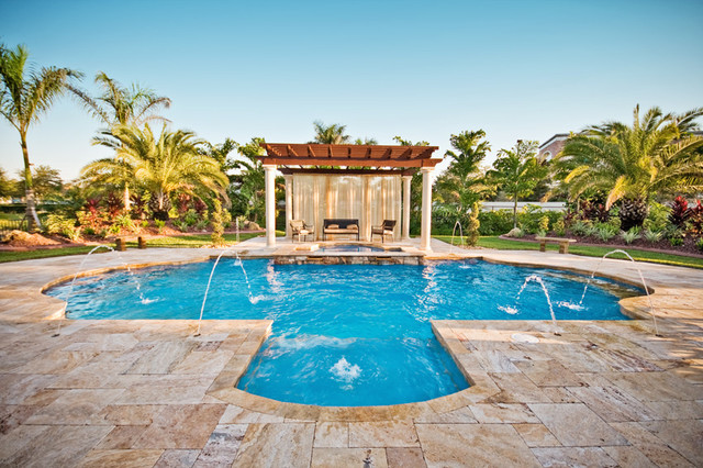 Roman/Geometric Pool with Pergola, Custom Spa, and Laminar Deck Jets in ...