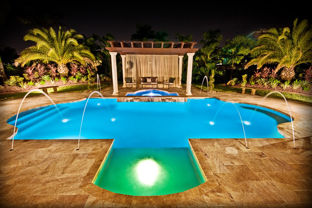 Roman/Geometric Pool with Pergola, Custom Spa, and Laminar Deck Jets in ...