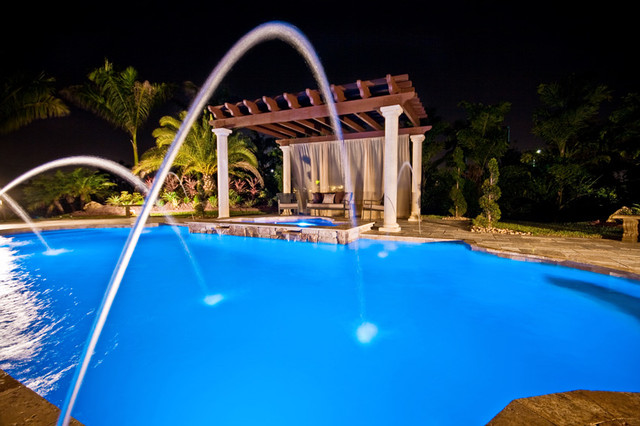Roman/Geometric Pool with Pergola, Custom Spa, and Laminar Deck Jets in ...