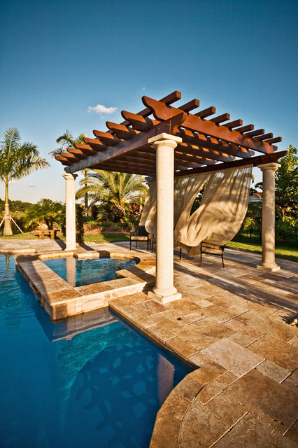 Roman/Geometric Pool with Pergola, Custom Spa, and Laminar Deck Jets in ...