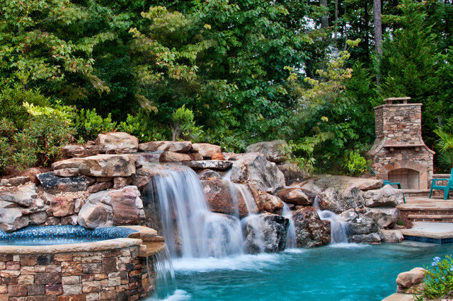 Rustic Pool with Spa Waterfall & Swim Up Bar - Rustic - Pool - Other ...