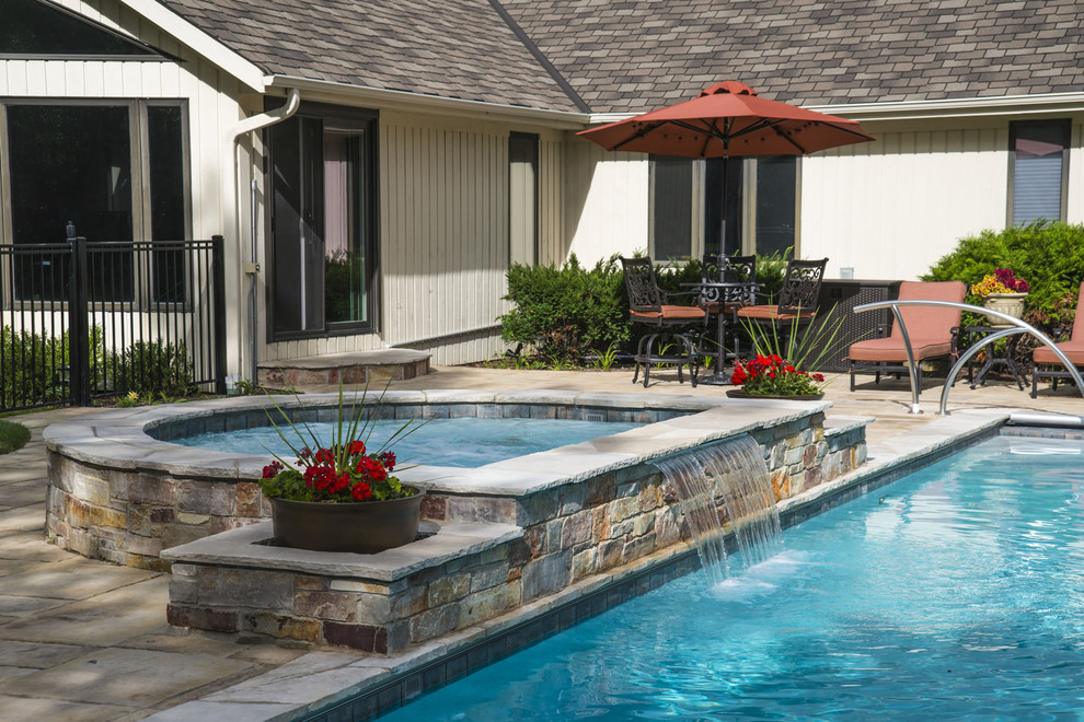 Spa with Waterfall into Pool - Pool - Chicago - by Platinum Poolcare ...