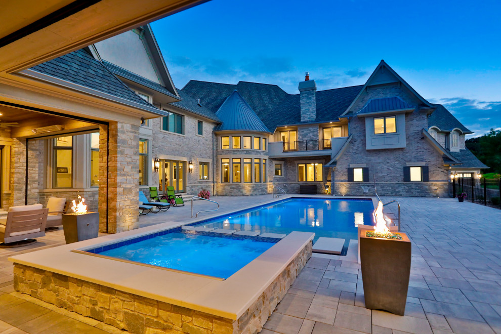 St. Charles Swimming Pool and Hot Tub with Floating Steps - Traditional ...