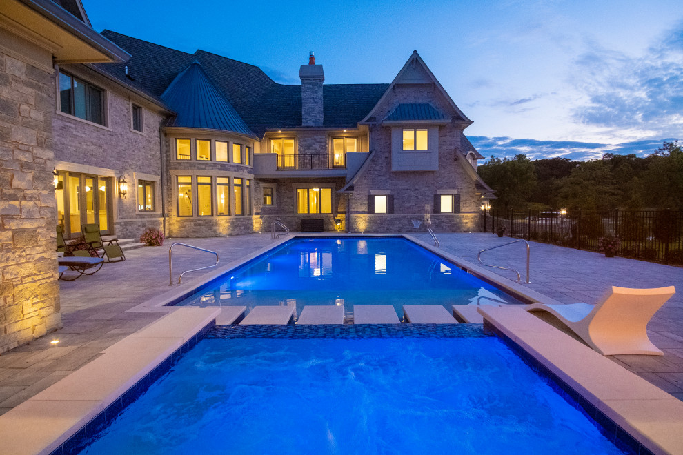 St. Charles Swimming Pool and Hot Tub with Floating Steps - Traditional ...