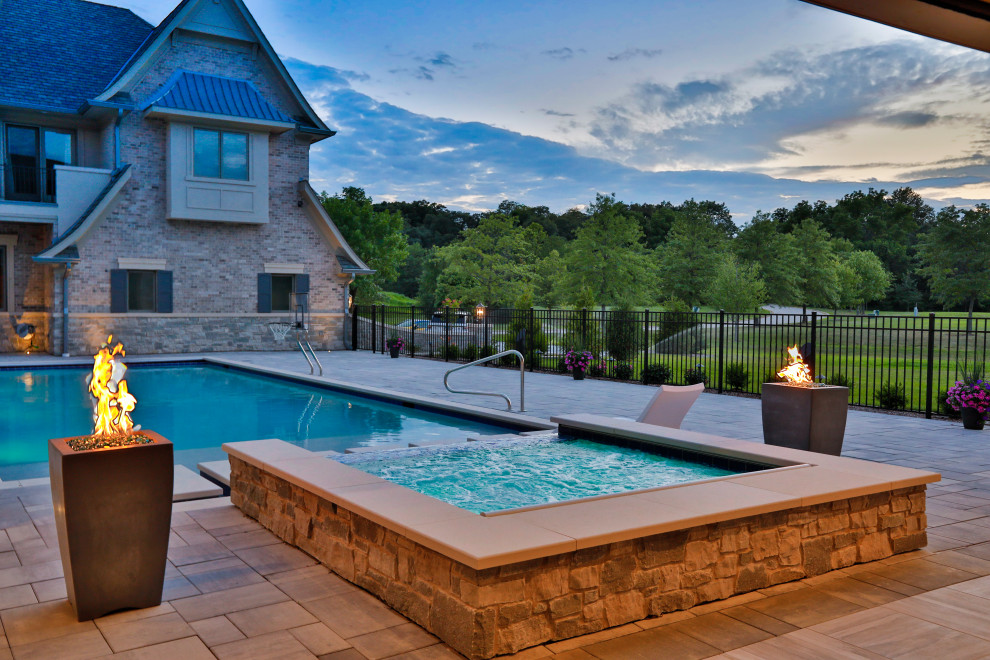 St. Charles Swimming Pool and Hot Tub with Floating Steps - Traditional ...