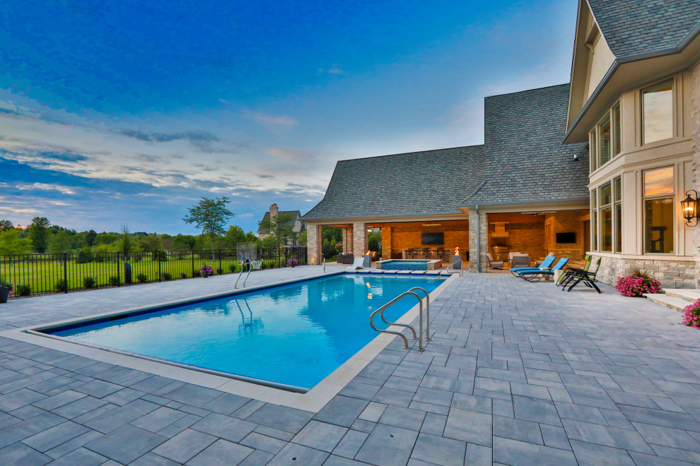 St. Charles Swimming Pool and Hot Tub with Floating Steps - Traditional ...