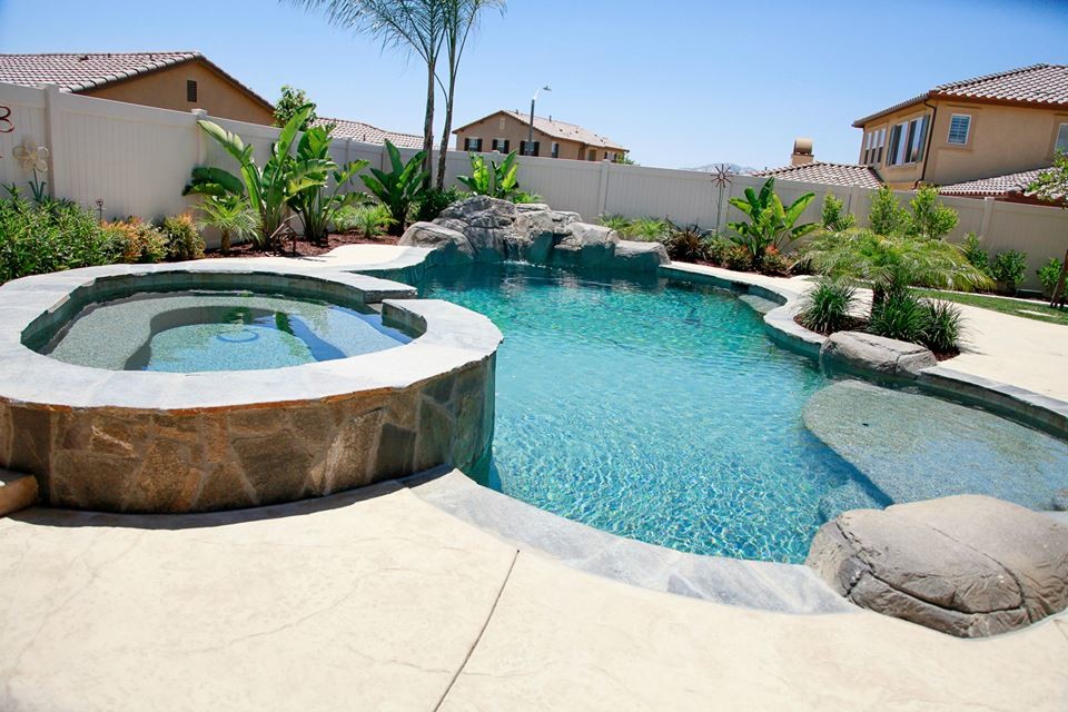 Stamped Concrete Pool Deck, Flagstone Spa Facing & Caps and Landscape ...