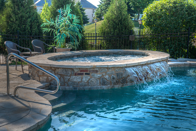 Stone Raised Hot Tub with Sheer Water Feature - Coastal - Swimming Pool ...