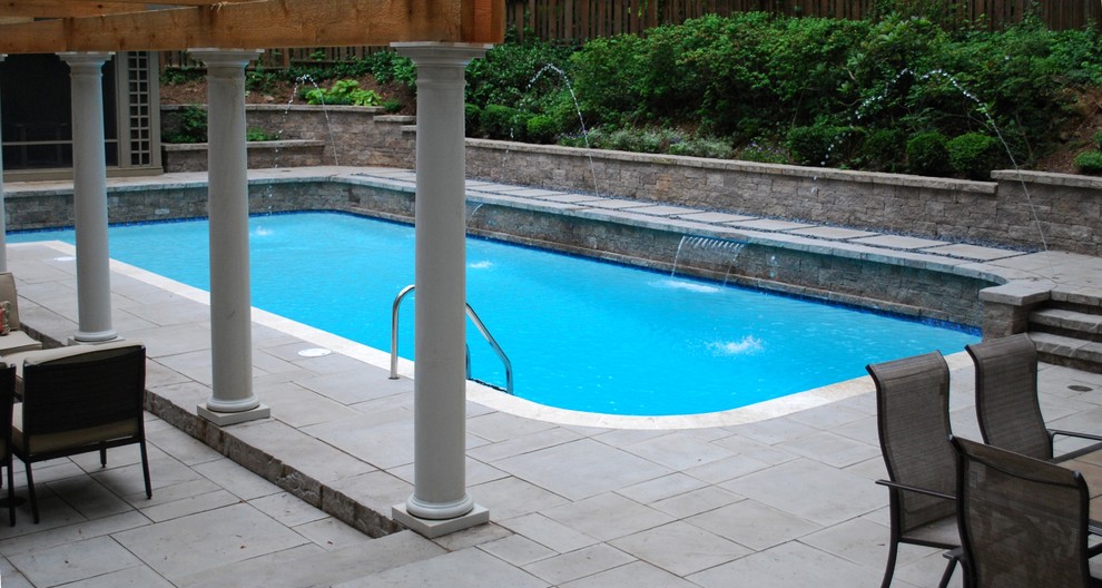 Stone Terraced Pool Deck, Patios, Fountains, Walls, Steps, Pergola ...