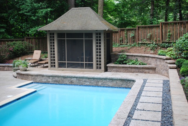 Stone Terraced Pool Deck, Patios, Fountains, Walls, Steps, Pergola ...