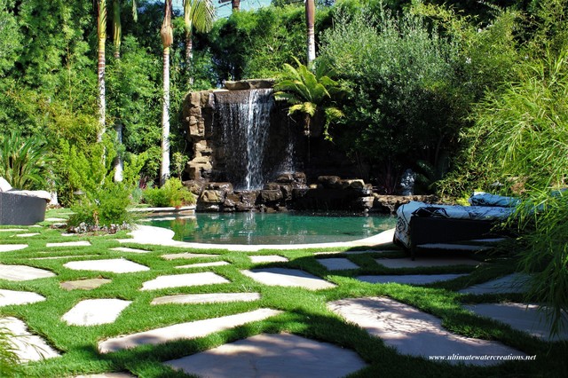 Studio City - Naturalistic rockwork pool with waterfalls and remodeled ...