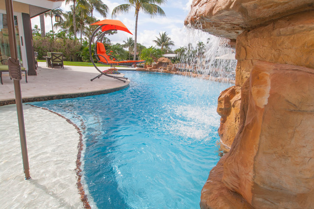 Swimming Pool With Custom Waterfalls and Sun Shelf in Lighthouse Point ...