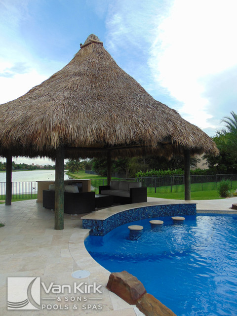 Tiki Hut with Bar Area for Custom Pool with Rock Waterfall and Wet Edge ...