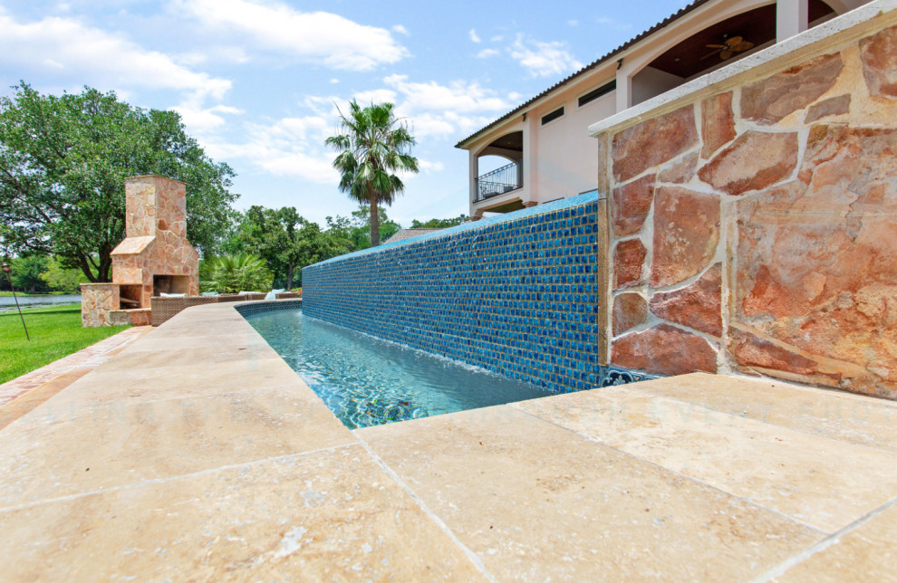 Travertine and Flagstone on Catch Basin - Mediterranean - Swimming Pool ...