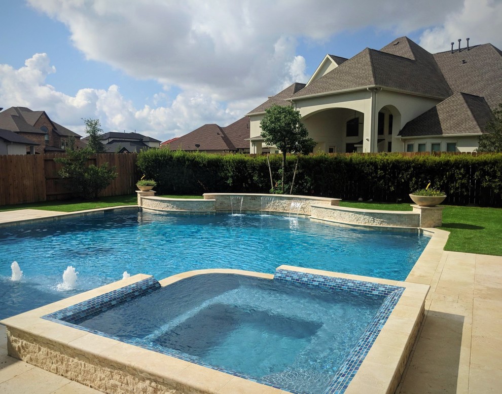 Travertine Pool with Raised Beam Wall - Pool - Houston - by Great ...