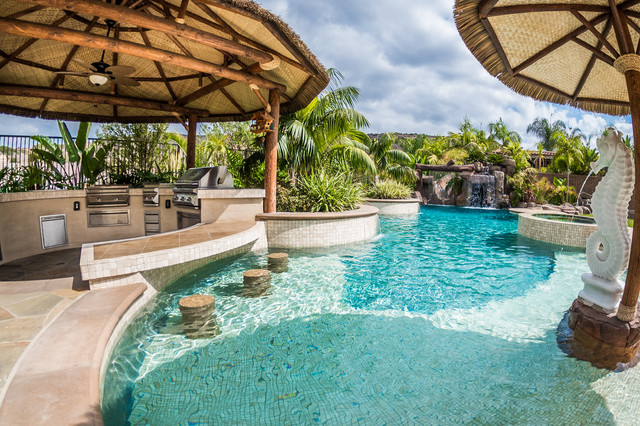 Tropical Beach Entry Pool & Spa with a Rock Slide & Grotto - Exotique ...