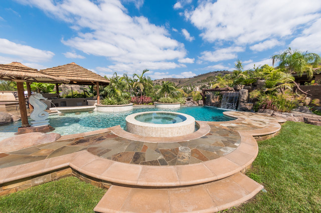 Tropical Beach Entry Pool & Spa with a Rock Slide & Grotto - Exotique ...