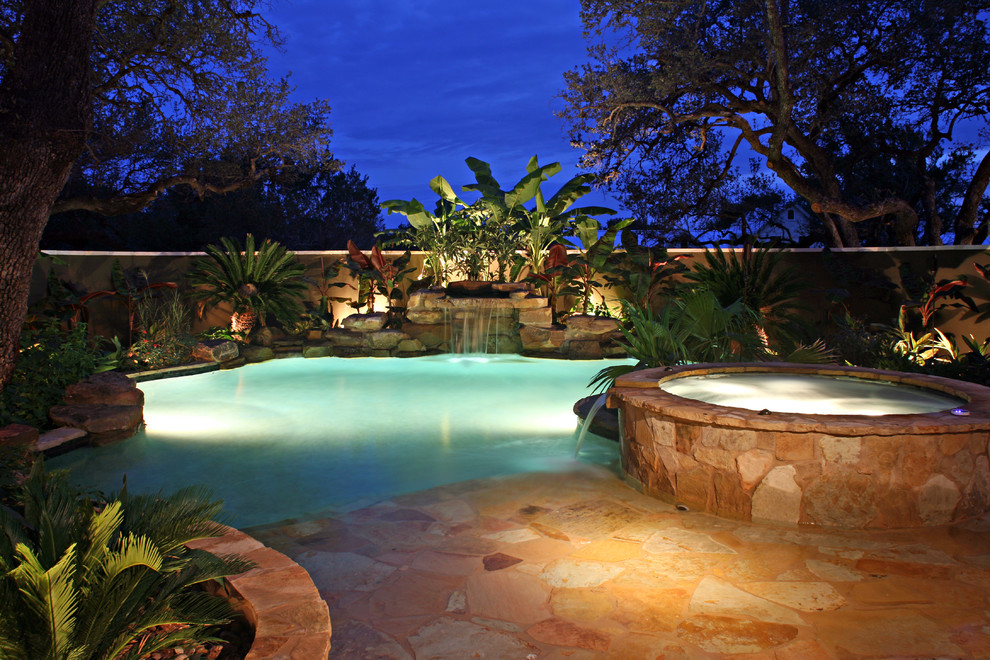 Waterfall & Spa With Beach Entry - Tropical - Pool - Austin - by Keith ...