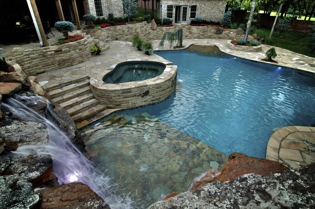 Waterfalls Connect Oklahoma Home to Pool - Mediterranean - Swimming ...