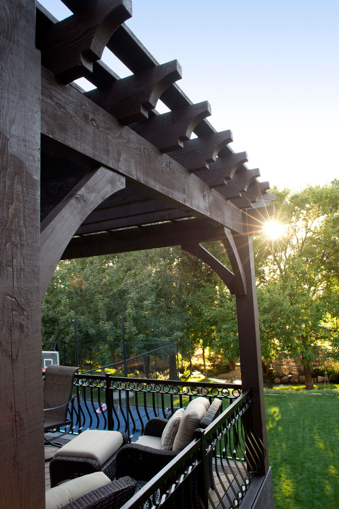 Timber Frame Tiered Pergolas, Deck, Ornamental Metal Railings - Rustic ...
