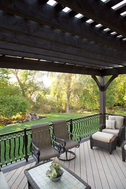 Timber Frame Tiered Pergolas, Deck, Ornamental Metal Railings - Rustic ...