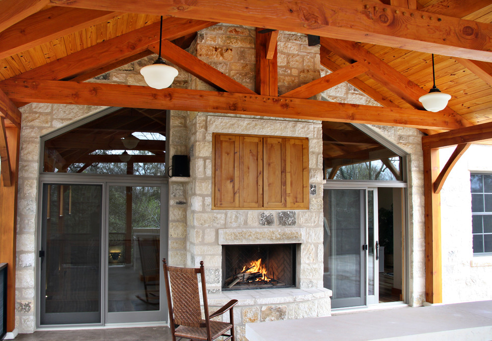 Timber Trusses in 2 Story Great Room - Traditional - Veranda - Austin ...