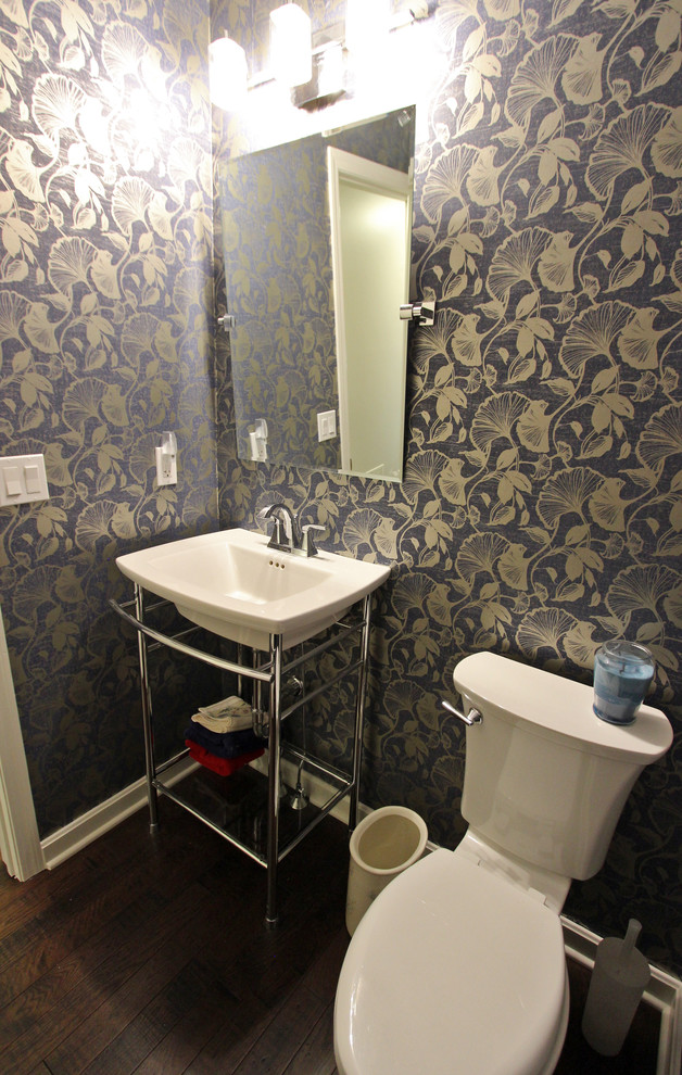 Transitional Powder Room with Metal Console Table Pedestal Sink ...