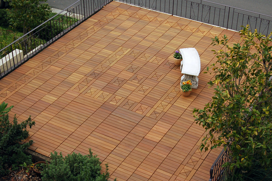 Ipe wood deck tiles over a garage rood - Contemporary - Shed ...