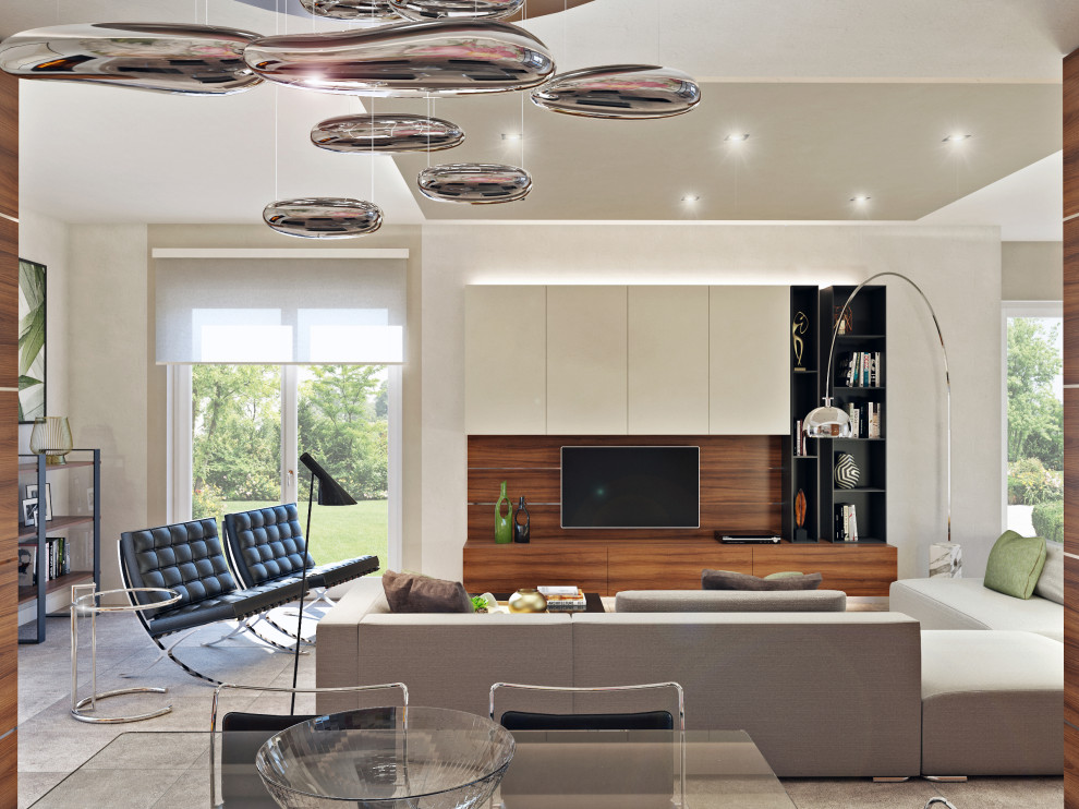 SOGGIORNO OPEN SPACE CON CARTA DA PARATI MODERNA - Moderno - Salón ...