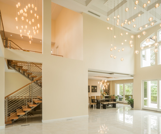 High Ceiling Living Room With Staircase | Shelly Lighting