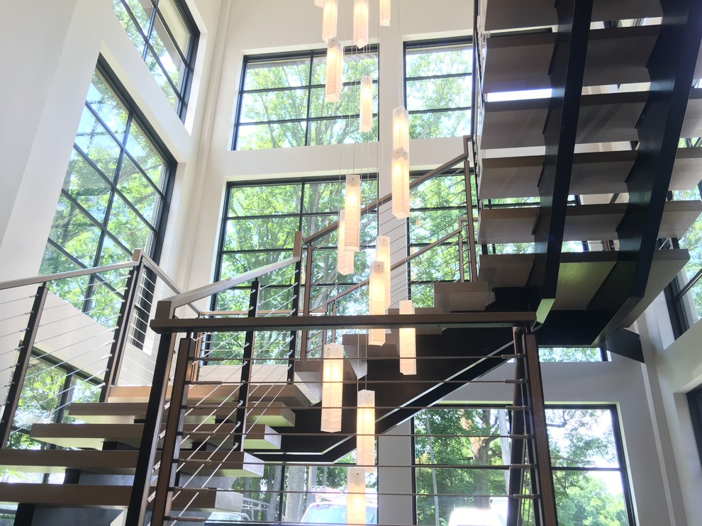 Contemporary custom double steel stringer and cable railing ...