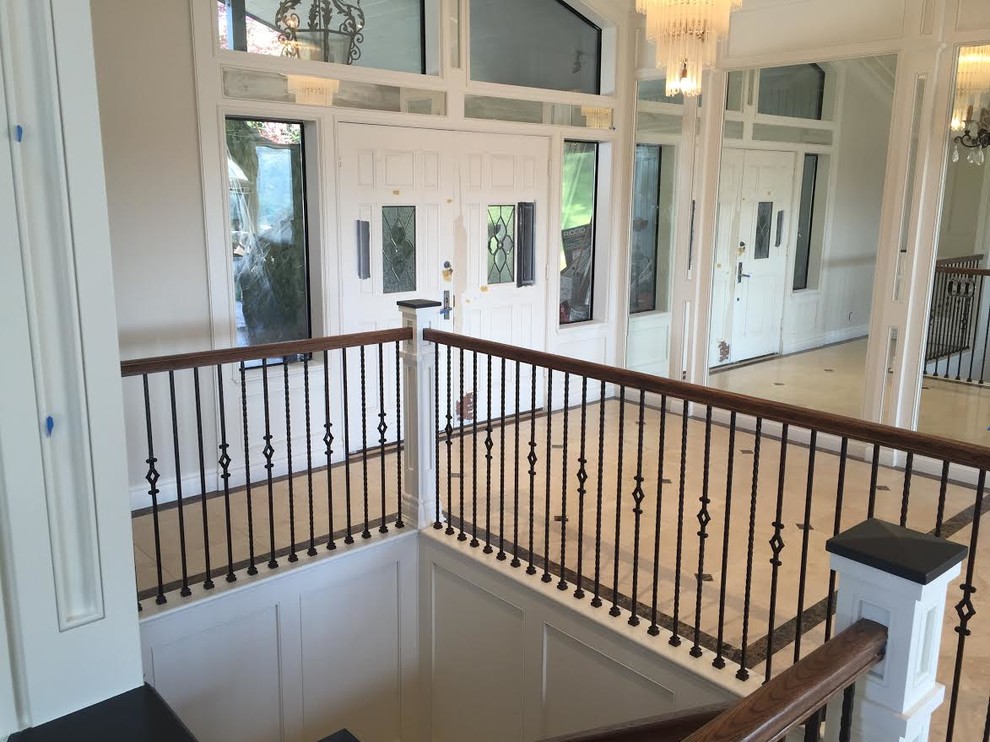 Craftsman post, hammered wrought iron balusters oak stained hand rail ...