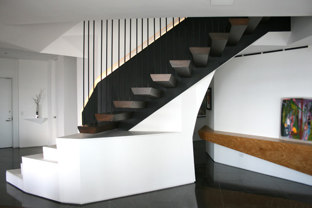 Custom Cantilever Staircase w/ Custom Design Railing & Curtain Wall ...