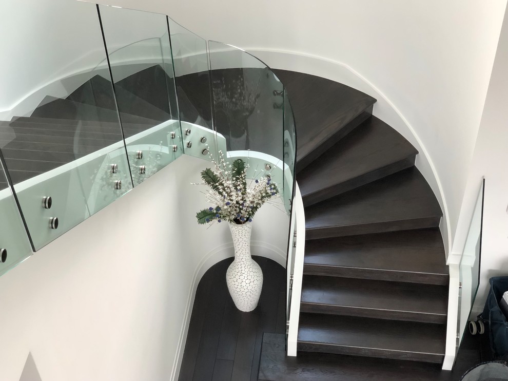 Custom Curved Glass Panels Railings with Standoffs - Modern - Staircase ...