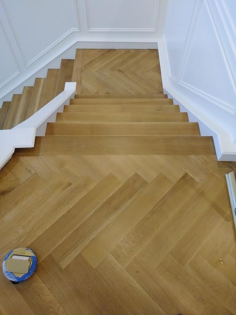 Custom Rifed and Quartered Herringbone Staircase - Transitional ...