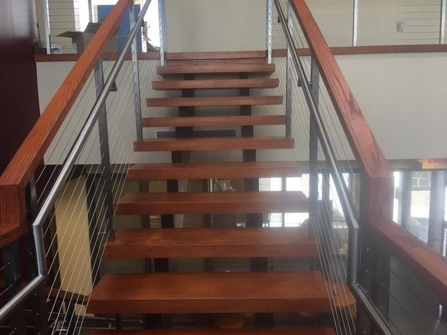 Double steel stringer open risers and cable railing - Contemporary ...