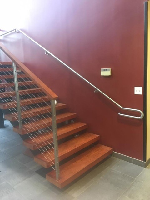 Double steel stringer open risers and cable railing - Contemporary ...