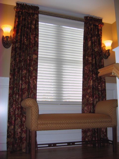 Gathered Drapery Side Panels on Twisted Wood Pole, Upholstered bench ...