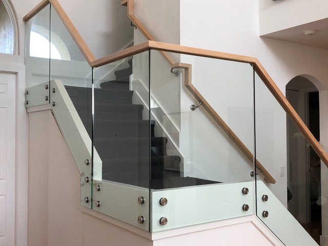 Glass Railings with Standoffs and Wood Handrail - Staircase - Miami ...