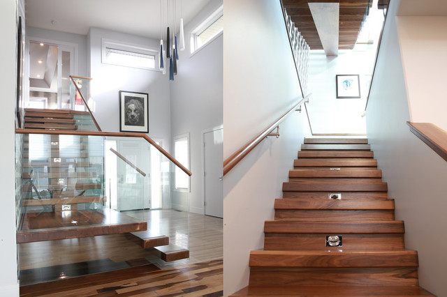 Modern Wood And Glass Staircase Contemporáneo Escalera Otras Zonas De Bp Banister Houzz