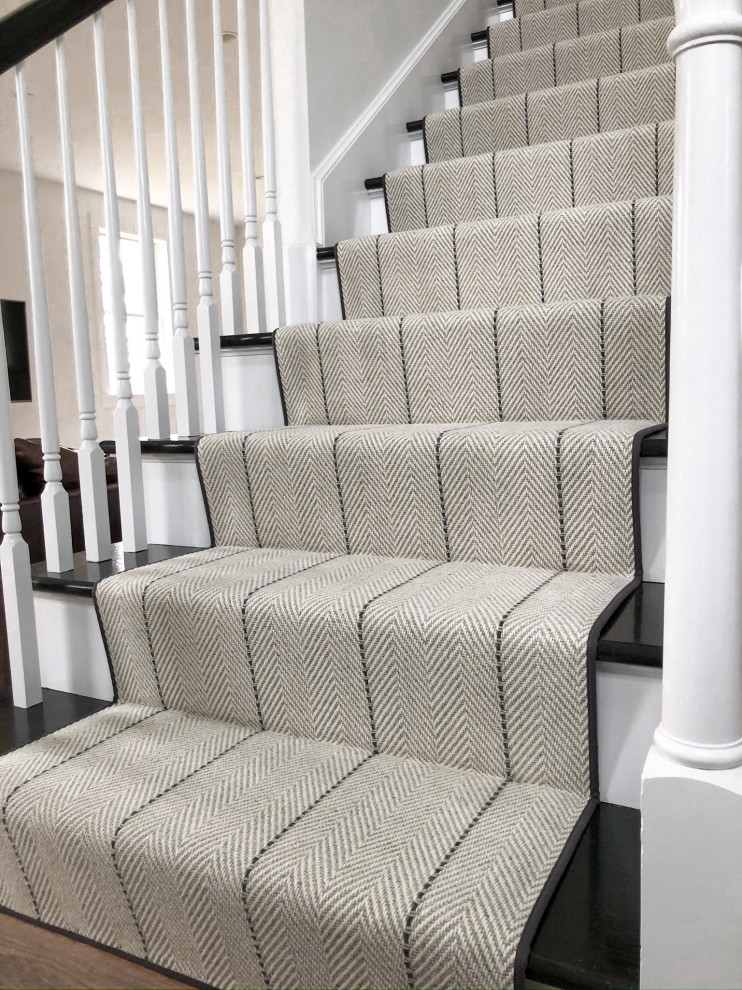Neutral Herringbone w/ Bold Stripe Stair Runner - Staircase ...