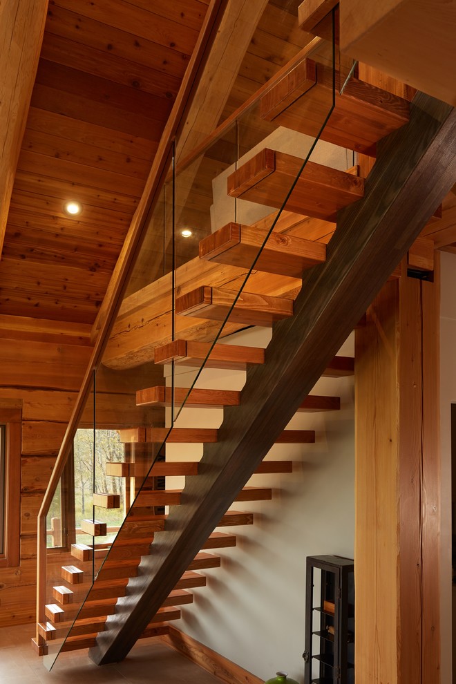 Oak and Fir Mono-Stringer with Glass Panel Railing - Modern - Staircase ...