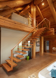 Oak and Fir Mono-Stringer with Pass Through Glass Panel Railing ...