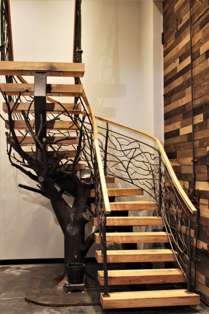 Rustic Metal Railing, Floating Staircase with Tree - Rustic - Staircase ...