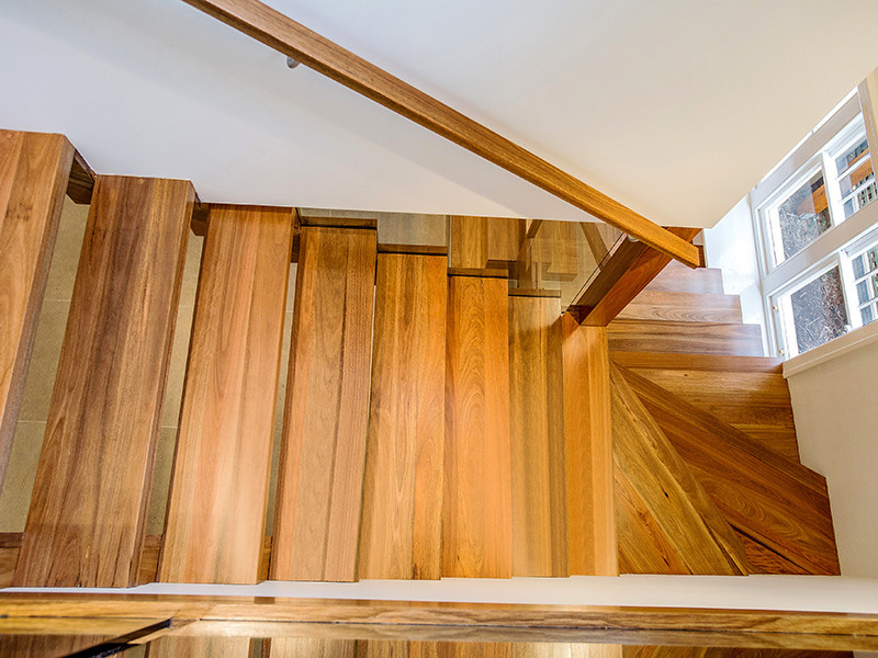 Spotted Gum stair with Double cut strings - Contemporary - Staircase ...