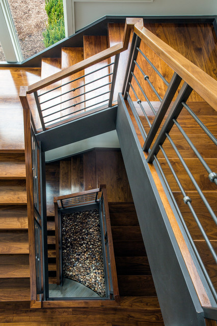 Three Story Floating Walnut Open Tread Staircase with Zen Garden at ...