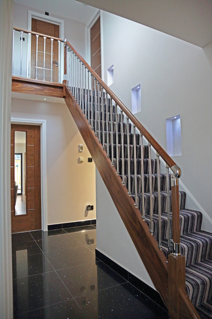 Walnut Staircase with Chrome Spindles and Recesses in Wall ...