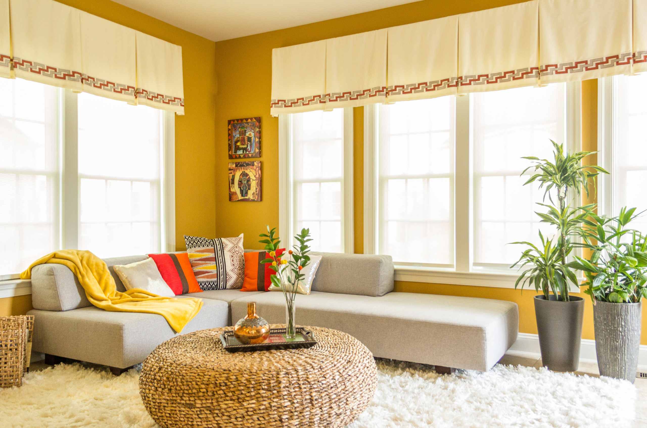 Yellow Sun Room With Fireplace