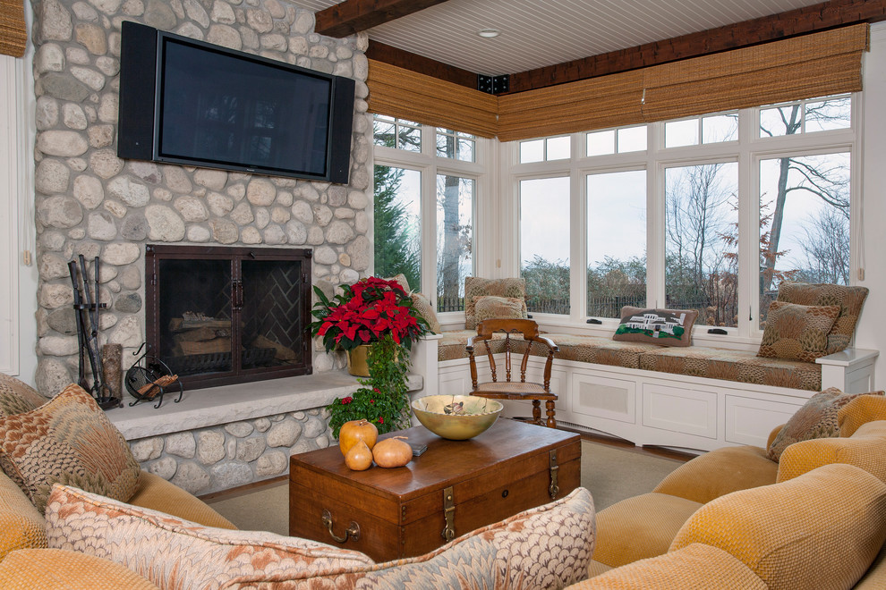 Sun Room with Built In Window Seat, Raised Hearth Stone Fireplace ...