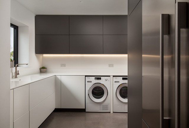 Contemporary utility room: matte grey, white, stainless steel - Modern ...